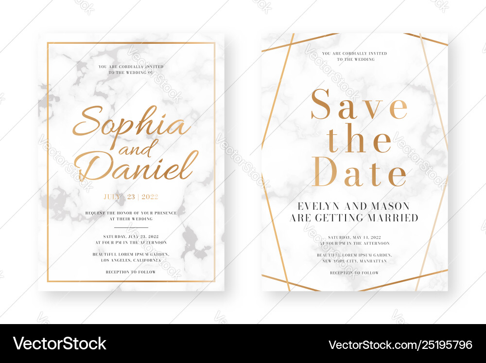 Wedding card design with golden frames and marble Vector Image