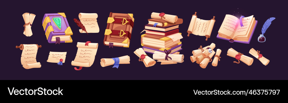 Old magic books paper rolls with ribbon scrolled Vector Image