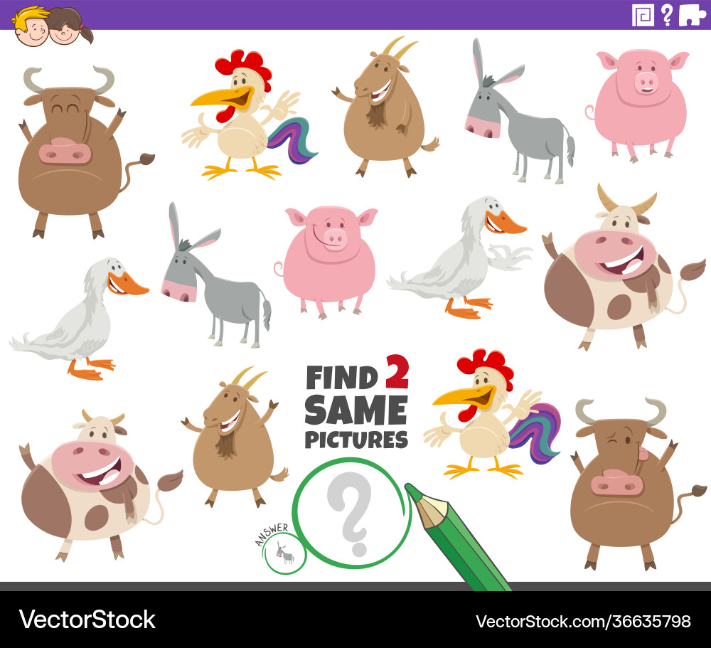 Find two same farm animal characters educational Vector Image