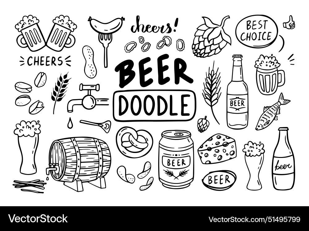 Doodle beer set pub outline drinks element men Vector Image
