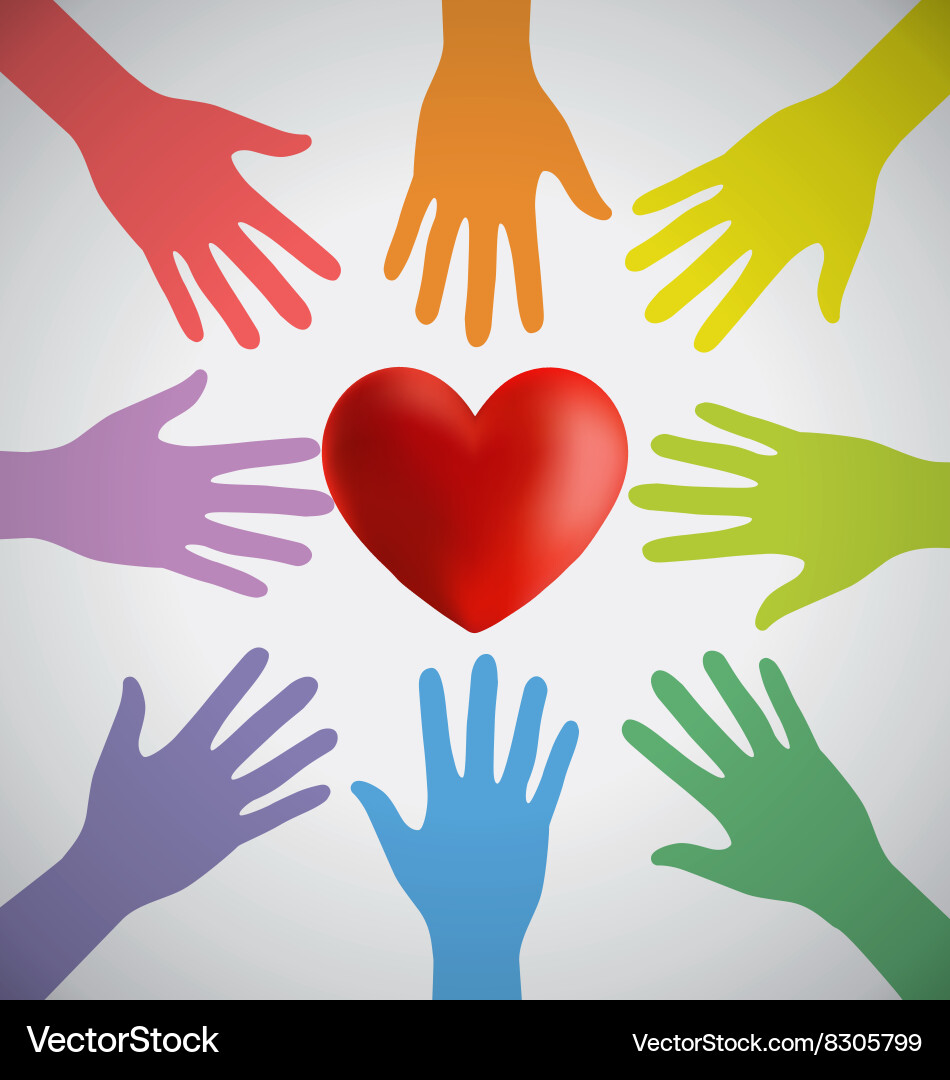 Many colorful hands surrounding a red heart Vector Image