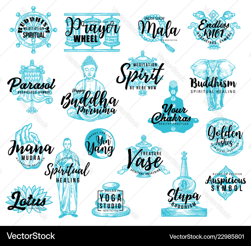 Buddhism religion icons lettering Royalty Free Vector Image