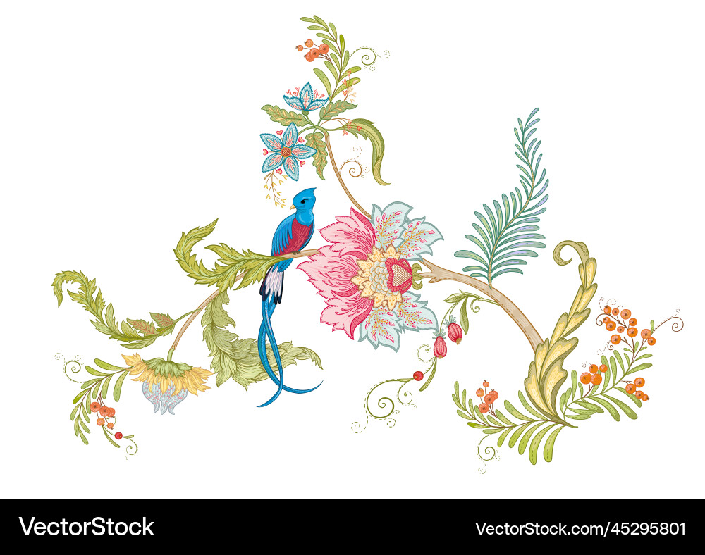 Floral Jacobean Pattern with Bird Royalty Free Vector Image