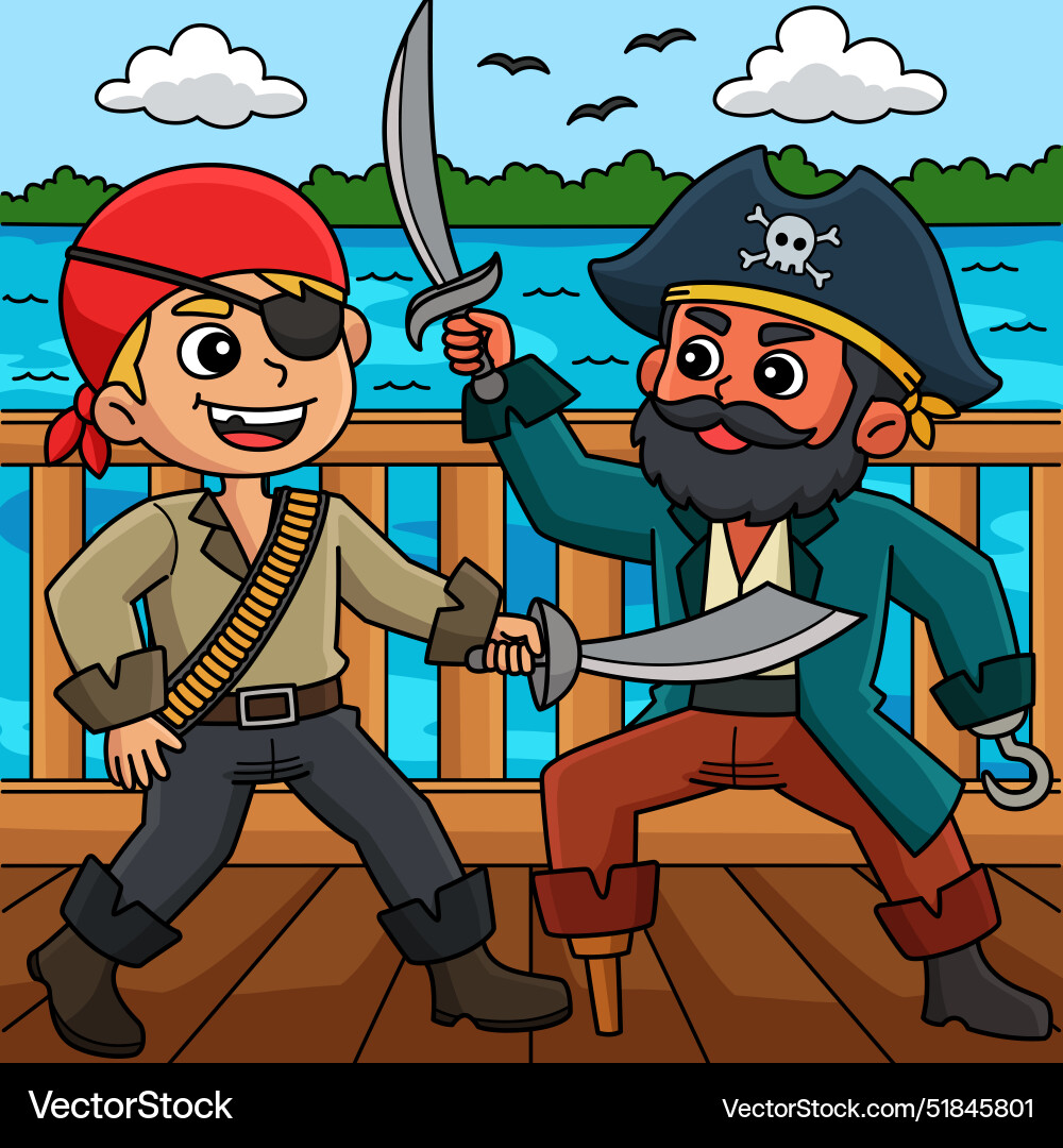 Pirate fighting colored cartoon Royalty Free Vector Image