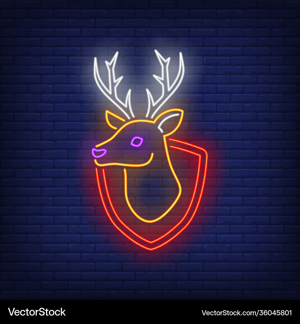 Reindeer head on shield neon sign Royalty Free Vector Image
