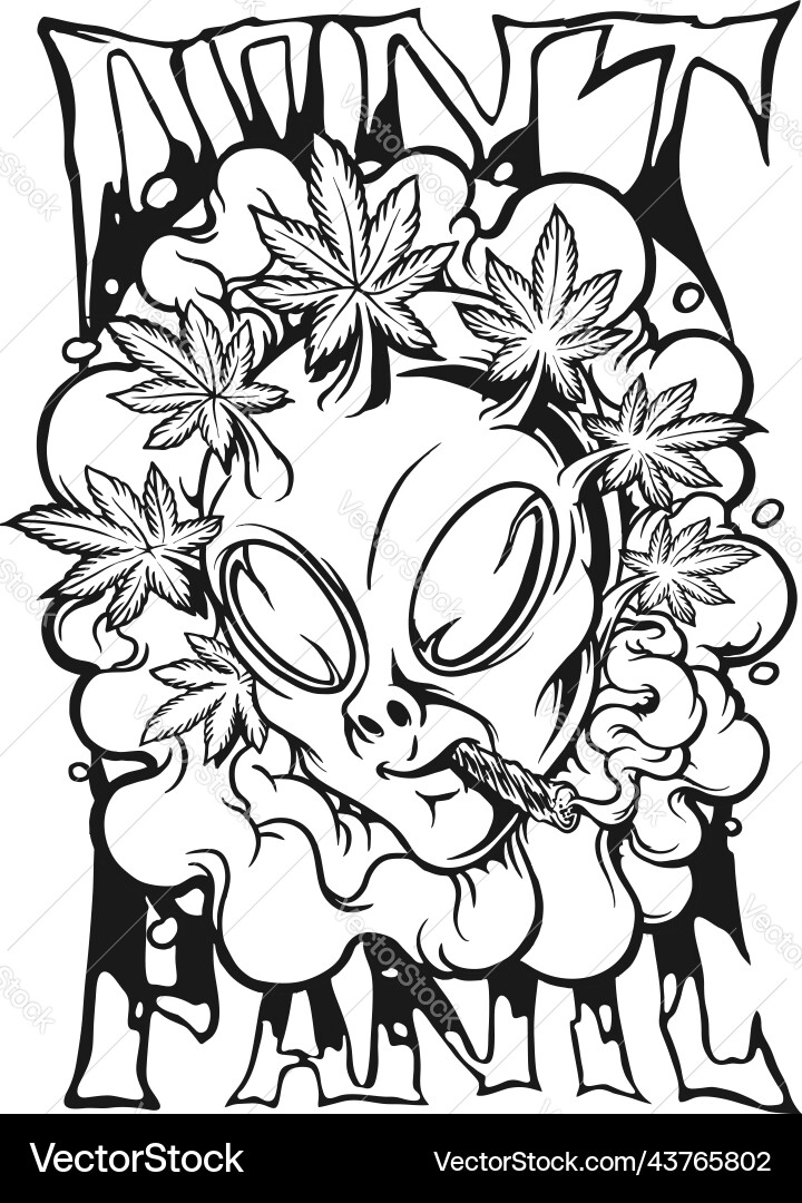 Alien head smoking cannabis leaf silhouette Vector Image