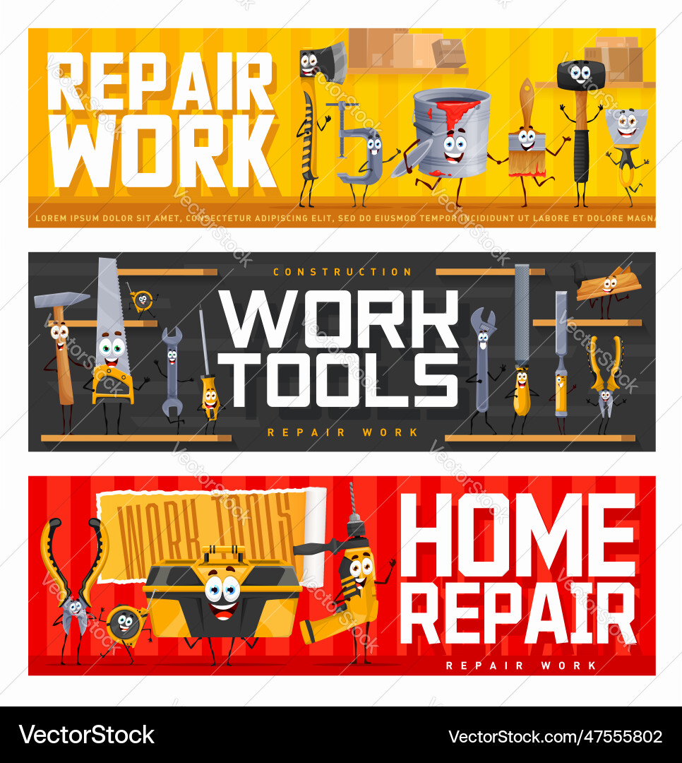 Cartoon repair diy work tools handyman banners Vector Image