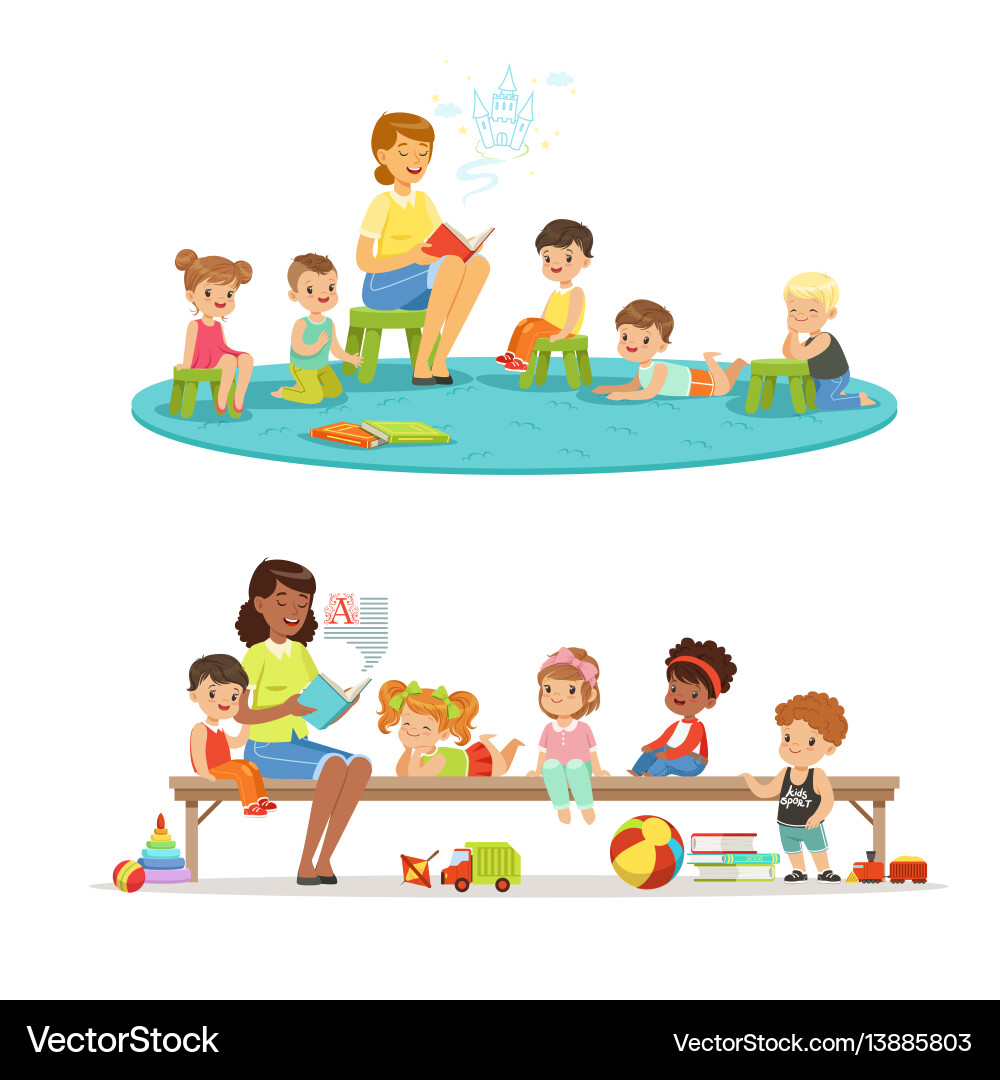 Group of preschool kids and teacher Royalty Free Vector
