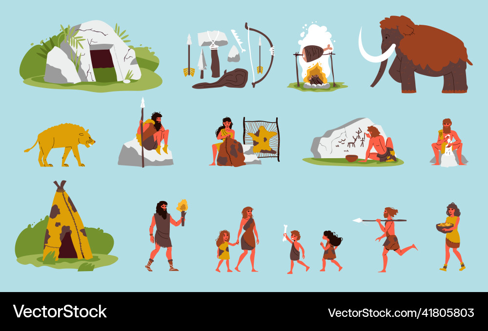 Primitive people color set Royalty Free Vector Image