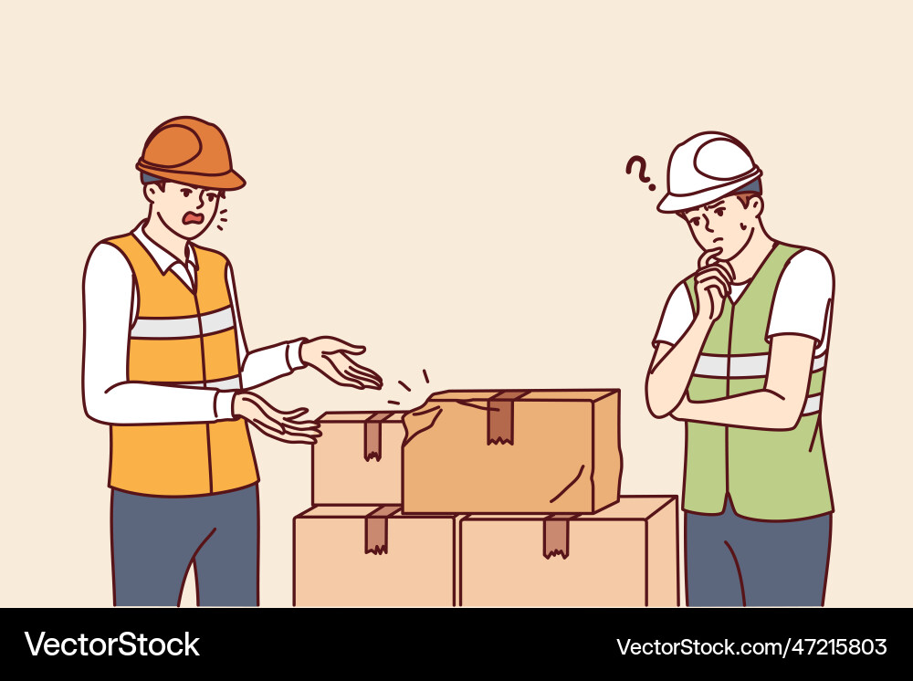 Warehouse workers near cardboard boxes damaged Vector Image