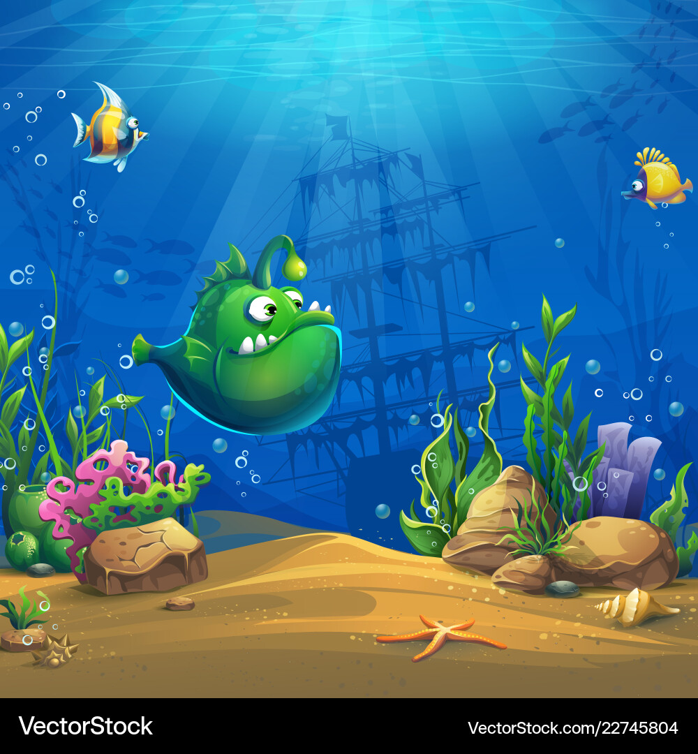 Cartoon funny green fish Royalty Free Vector Image