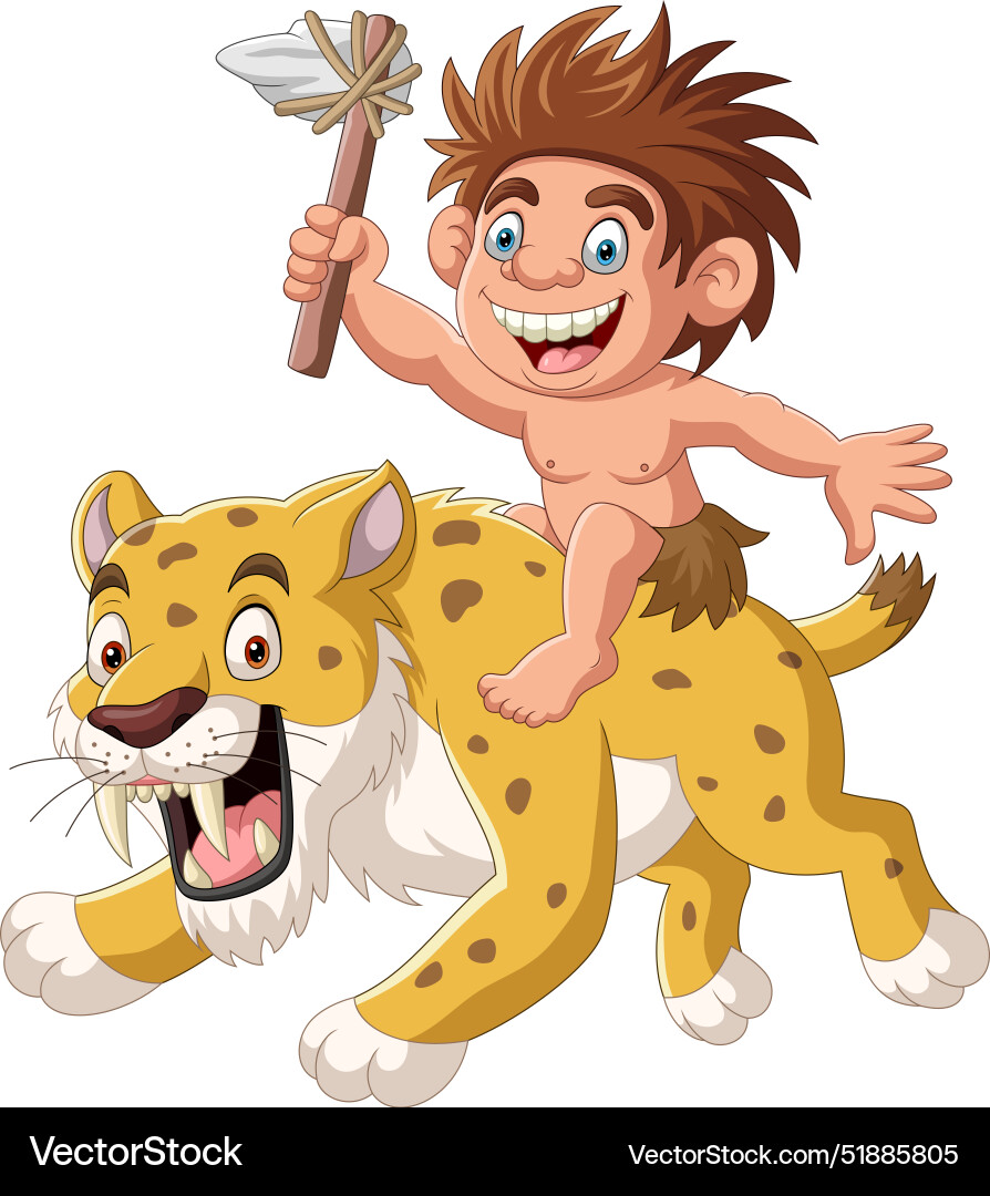Cartoon happy young caveman riding sabre tooth tig