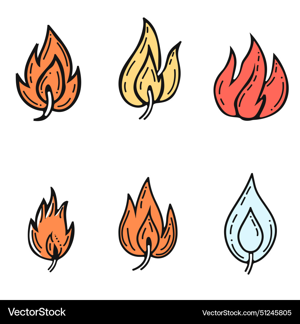 Six stylized flames various colors cartoon fire Vector Image