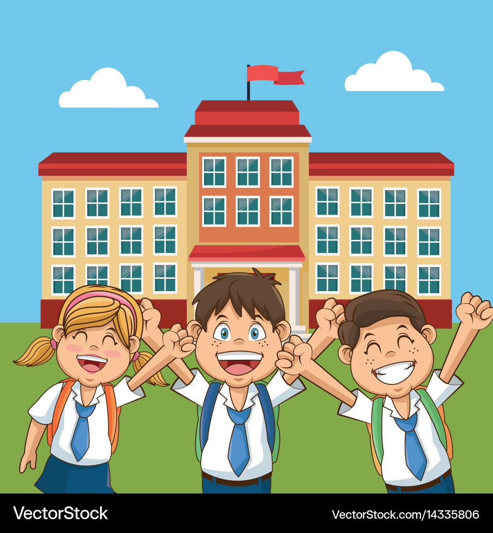 Cheerful student school building back yard Vector Image