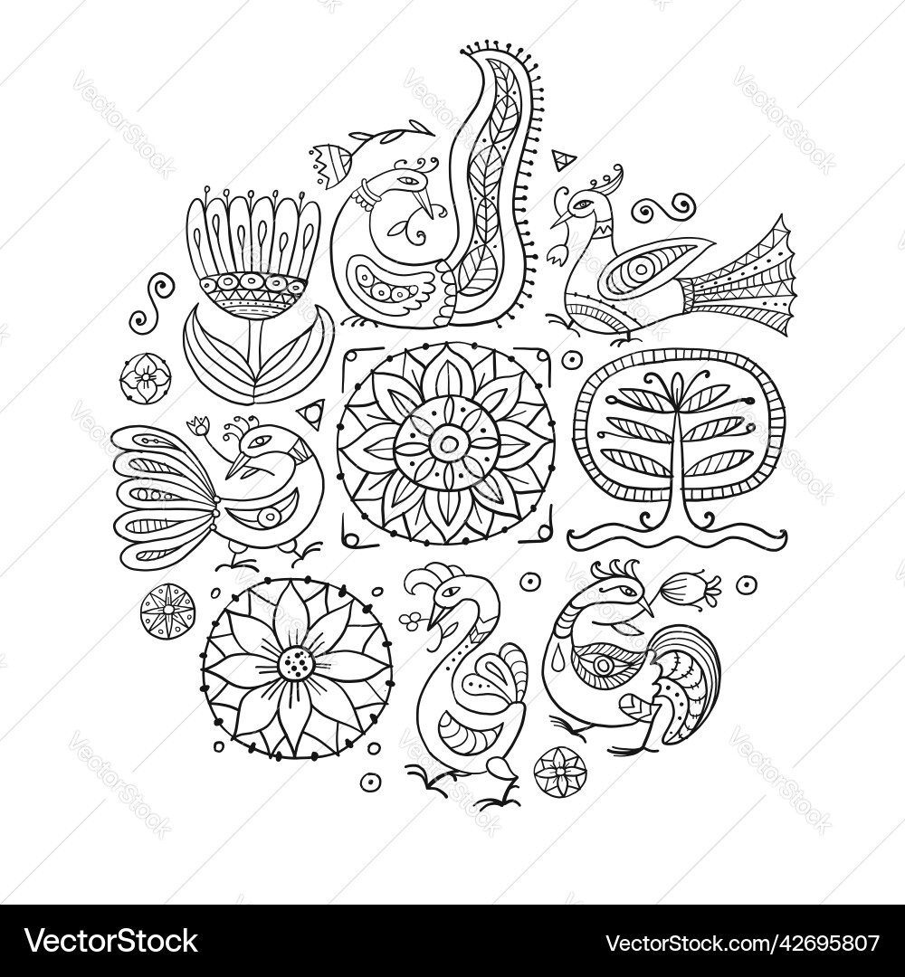 Magic birds and flowers collection circle frame Vector Image