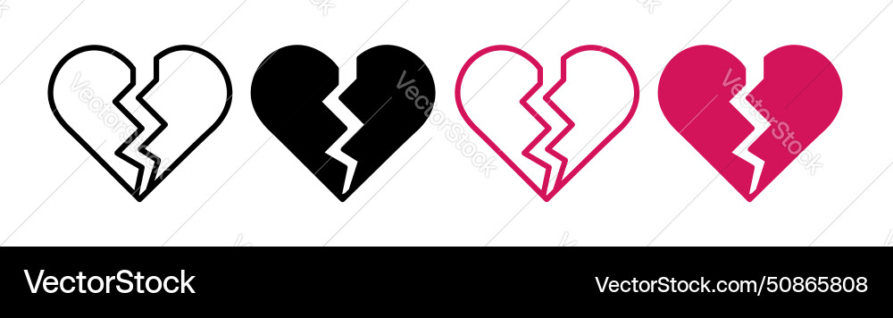 Broken heart icon set with crack symbol Royalty Free Vector