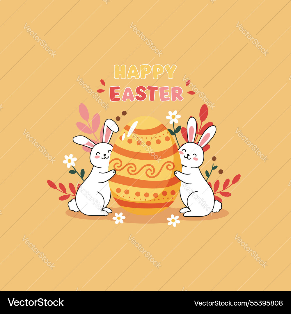 Cute easter bunnies hugging decorated egg Vector Image