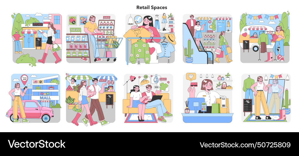 Retail spaces set flat Royalty Free Vector Image