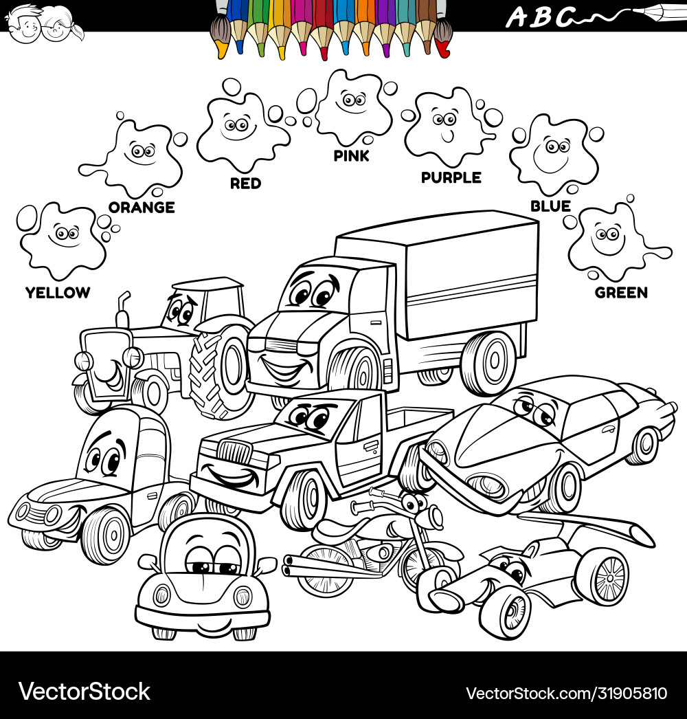 Basic colors color book with cars characters Vector Image