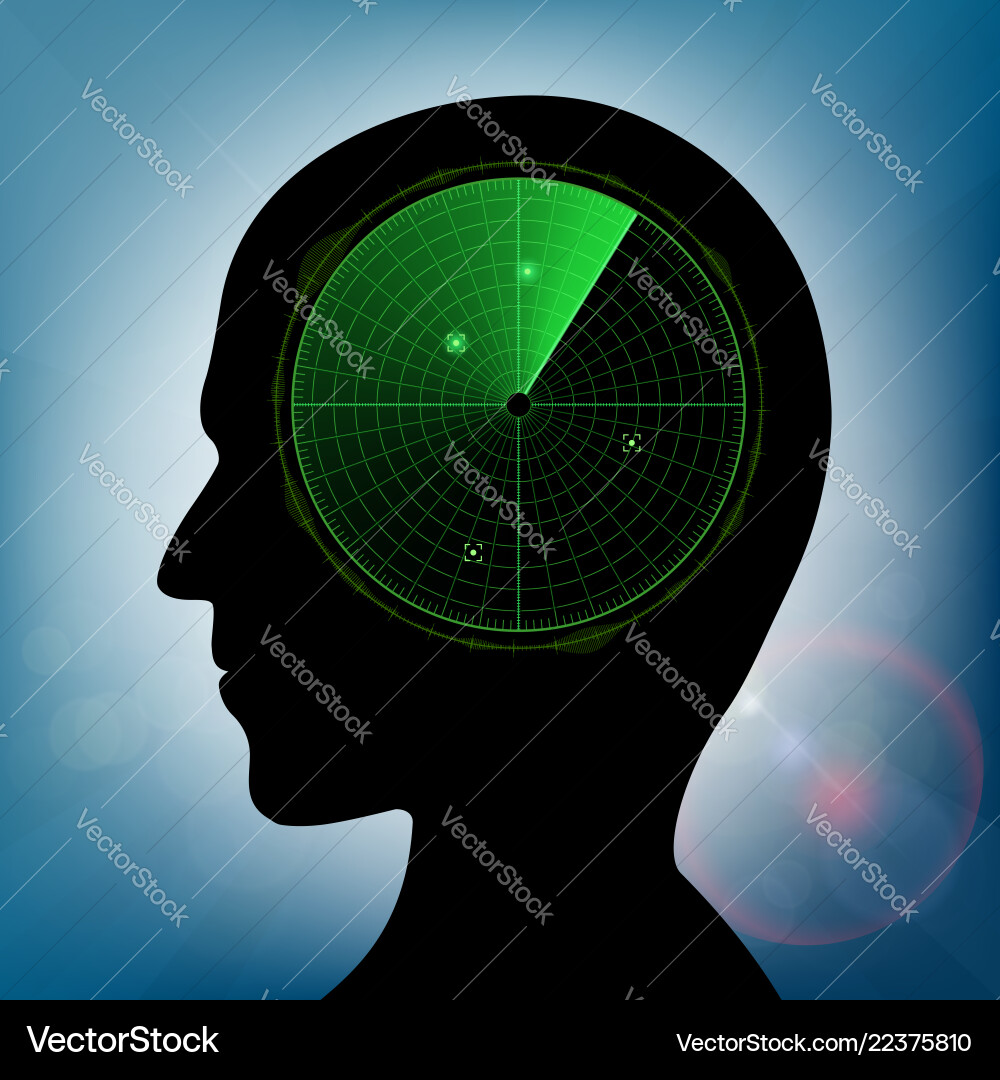 Human head with green military radar inside Vector Image