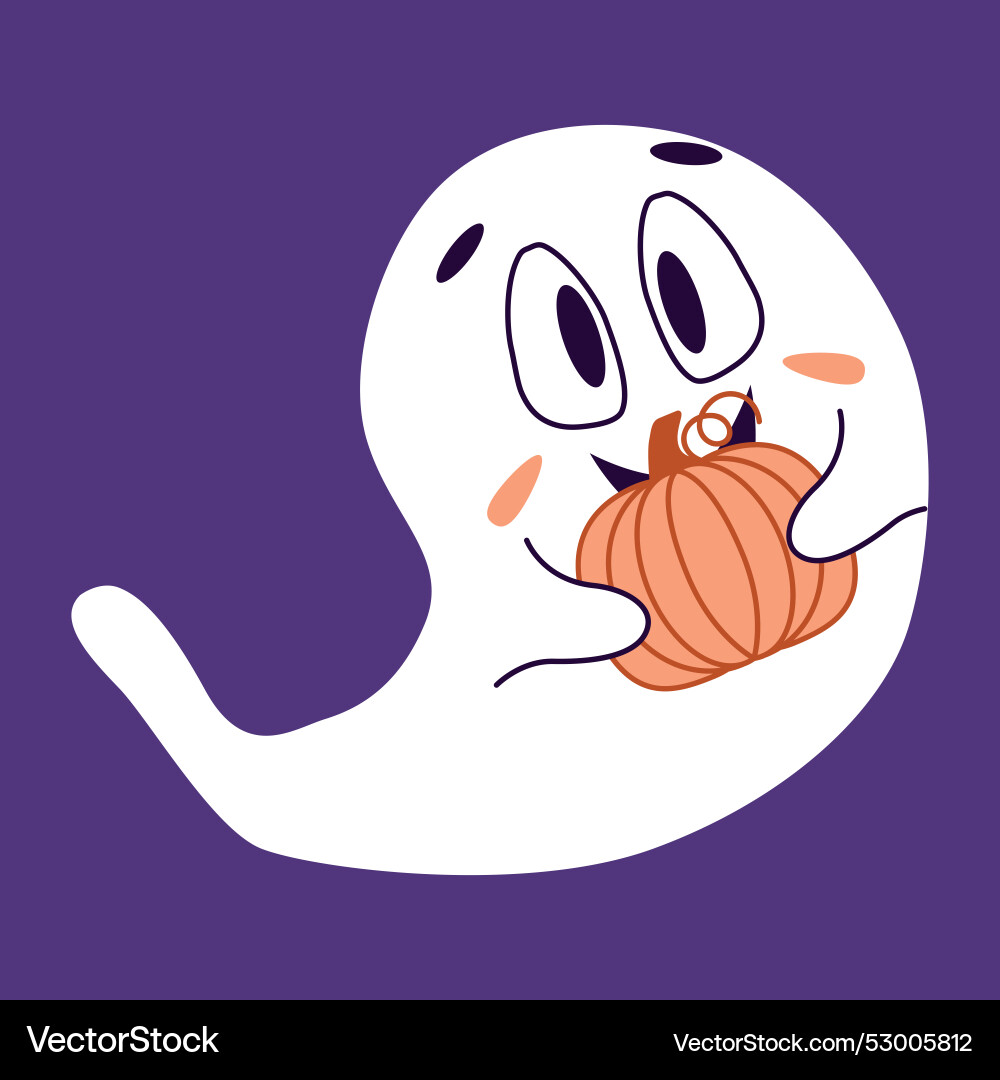 A cute ghost is holding an orange pumpkin Vector Image