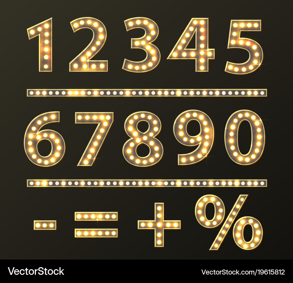 Numbers with bulb lamps gold light Royalty Free Vector Image