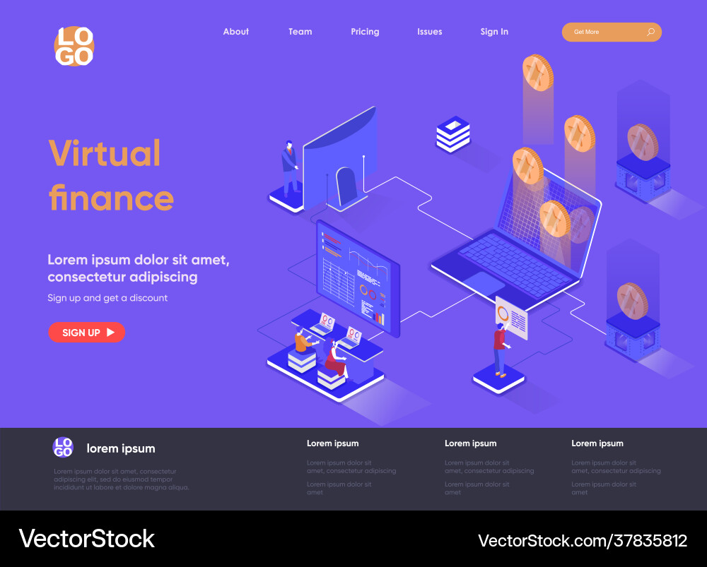 Virtual finance isometric landing page Royalty Free Vector