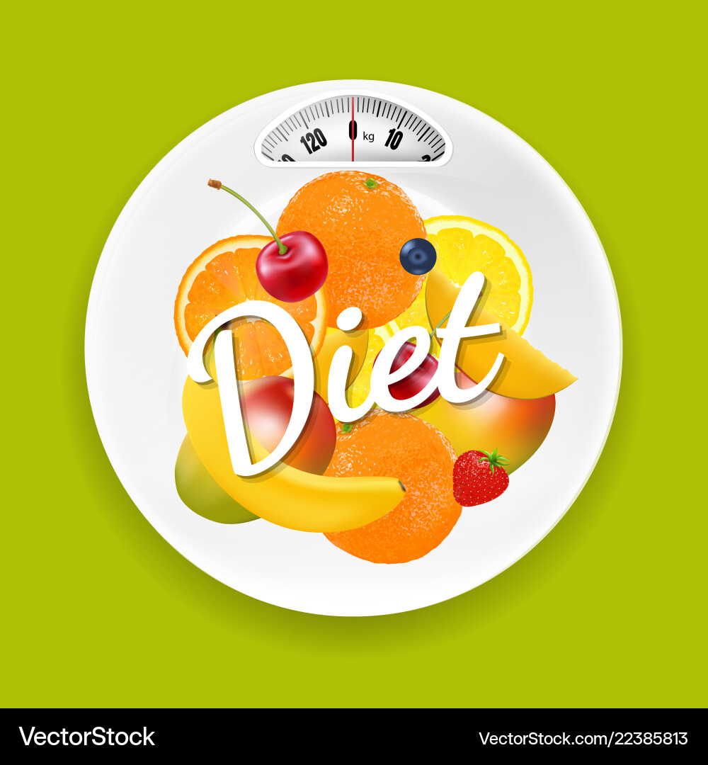 Plate with weight scale and fruits Royalty Free Vector Image