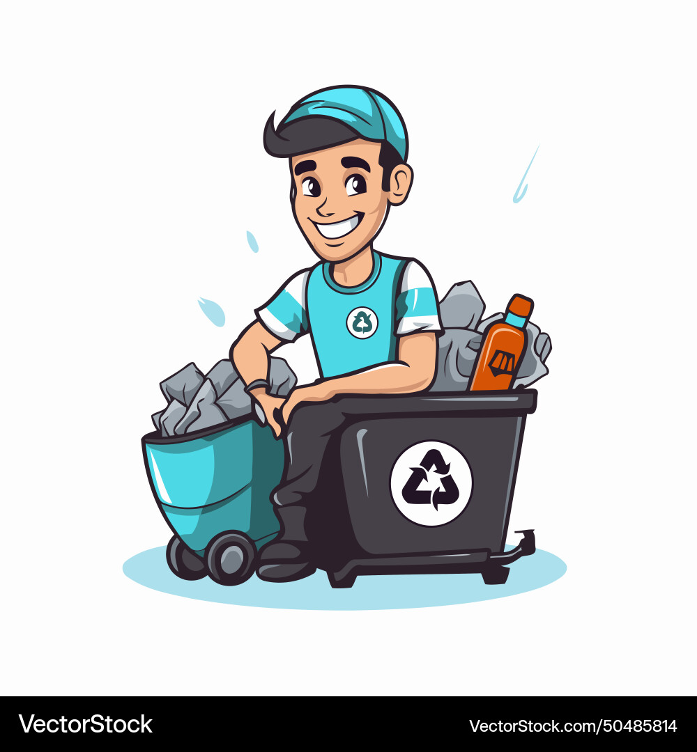 A cartoon man with garbage bin full Royalty Free Vector