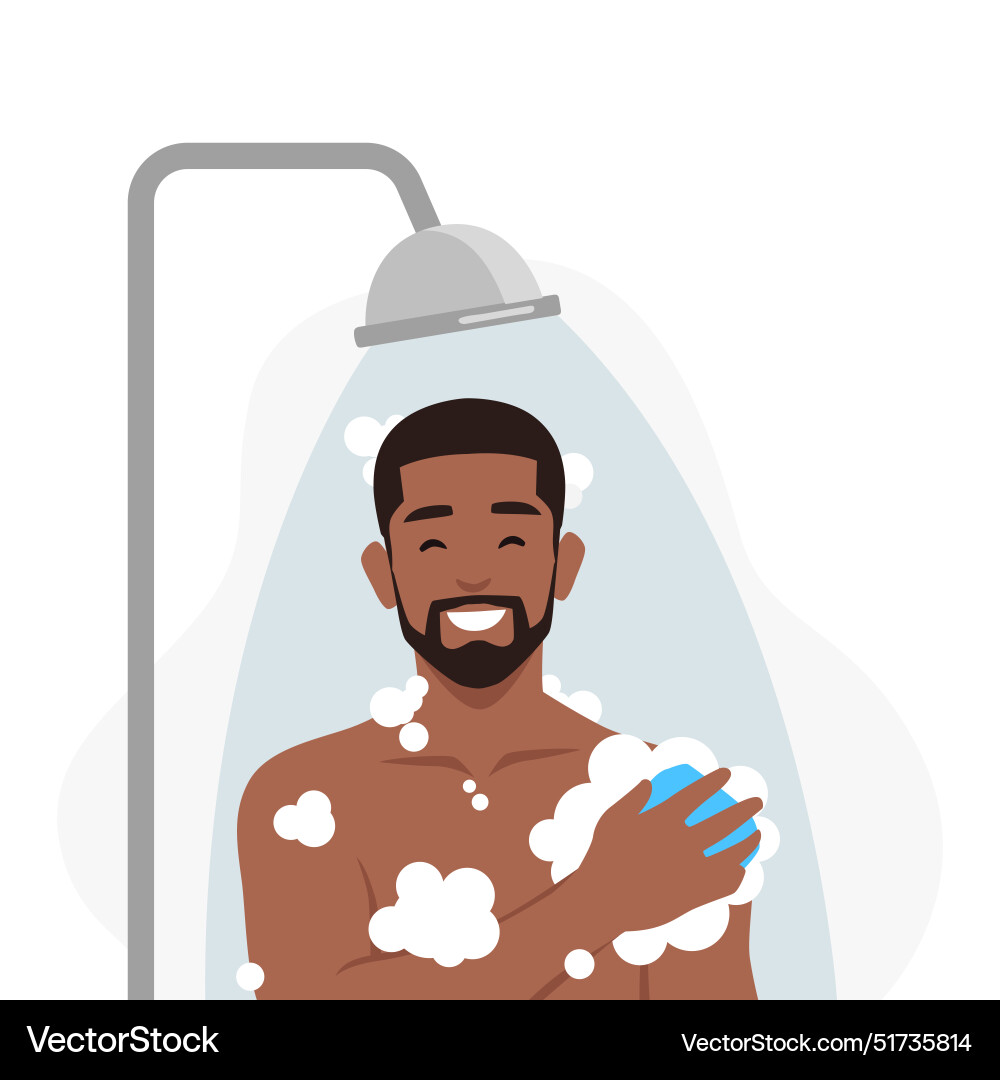 Young man taking shower in bathroom washes head Vector Image