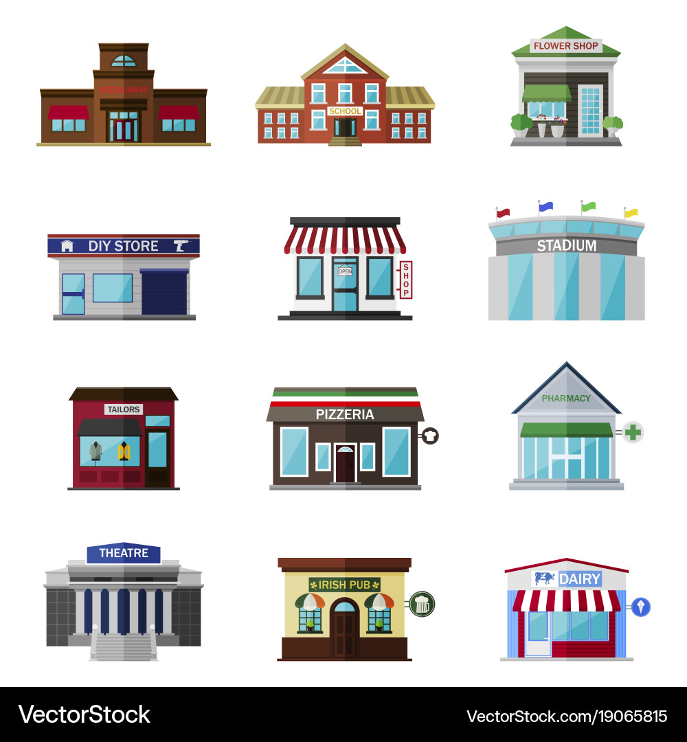 Different shops buildings and stores flat icon Vector Image