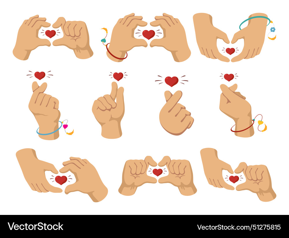 Human hands with small red heart in different pose