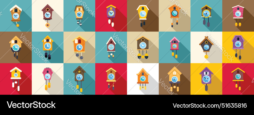 Cuckoo clock icons set collection Royalty Free Vector Image