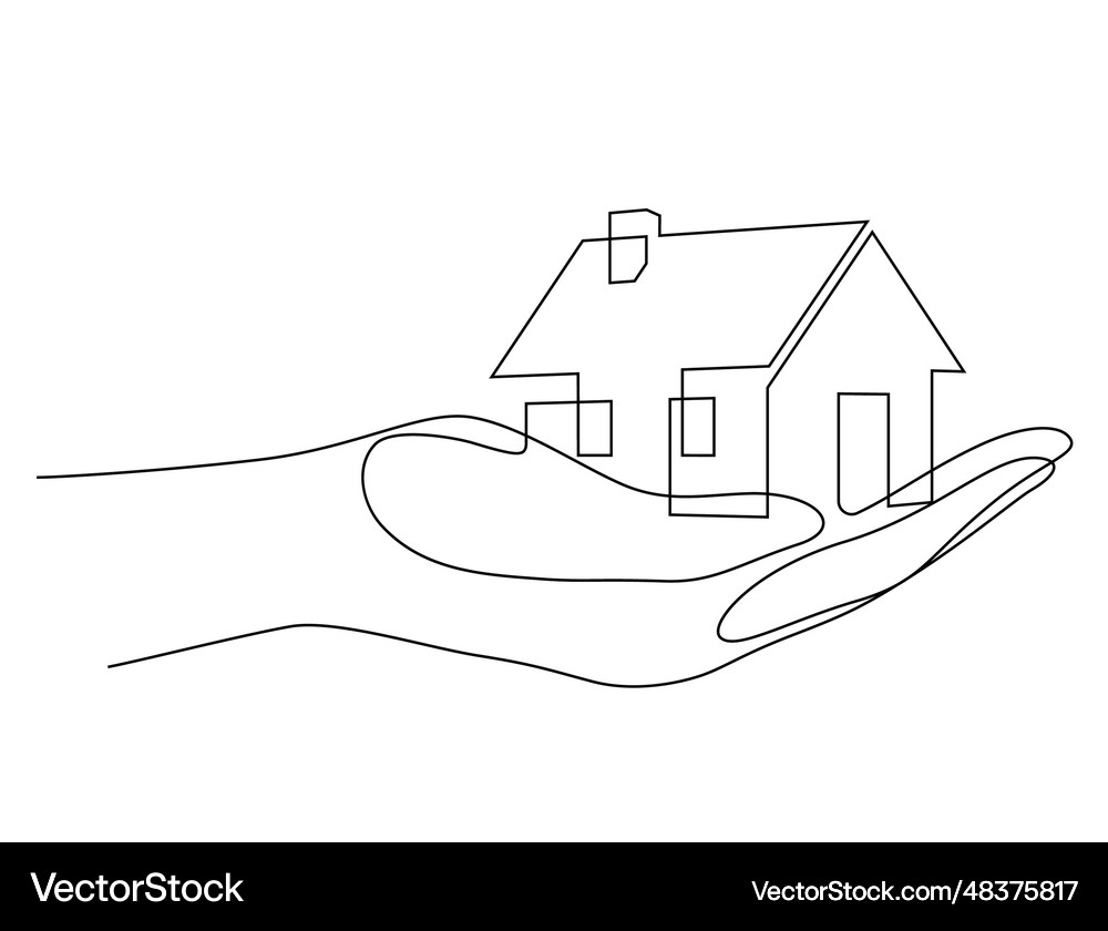 Hand holding model house one line drawing Vector Image