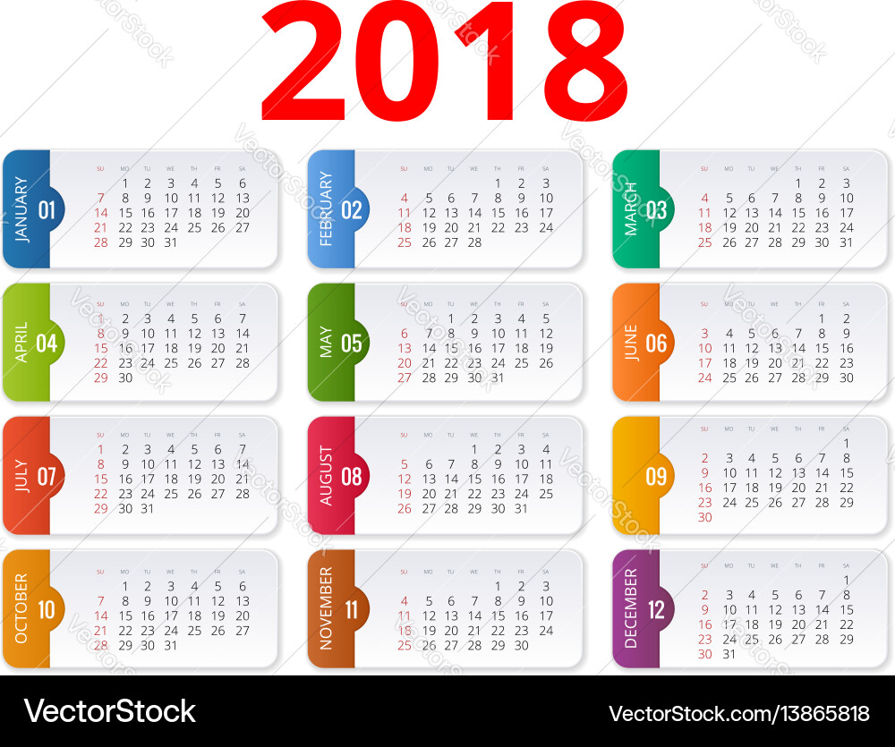 2018 Kalender Druckvorlage Woche beginnt Sonntag Vektorbild