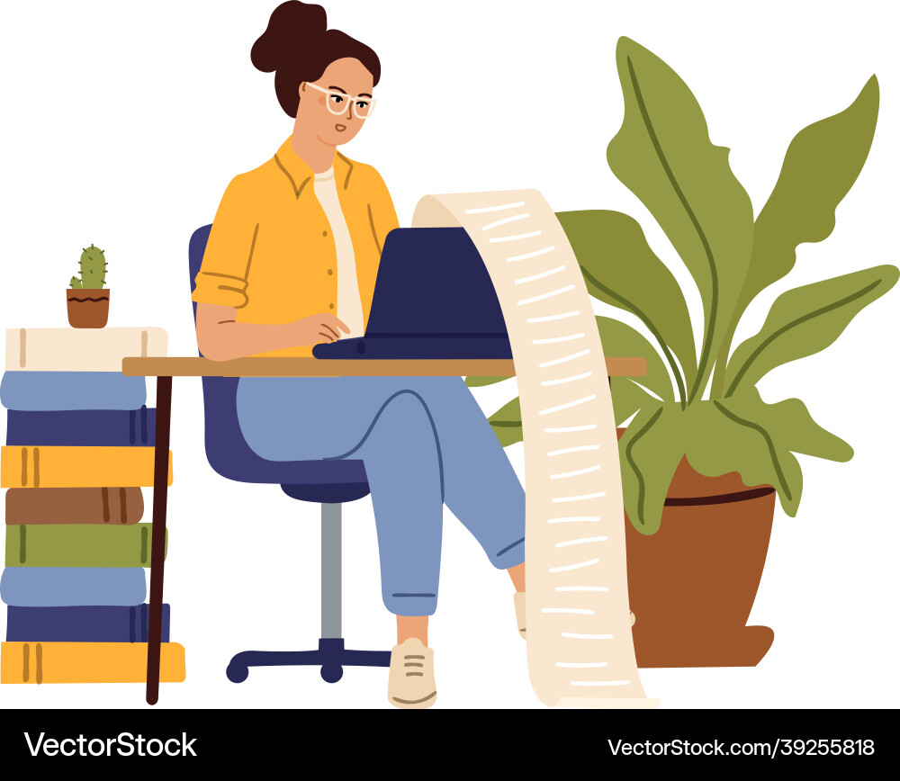 Accountant character woman writing on computer Vector Image