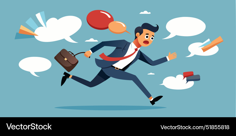 Businessman escaping communication overload Vector Image