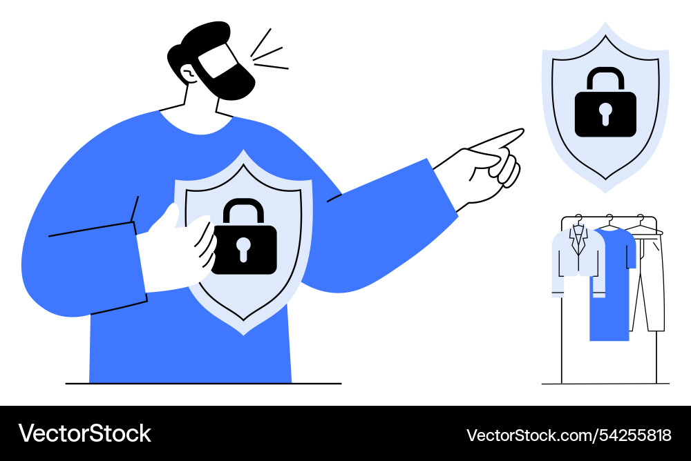 Man in blue holding a shield with lock symbol Vector Image