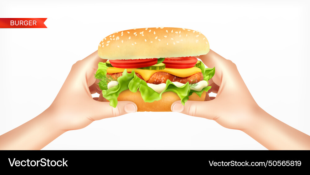Burger in hands composition Royalty Free Vector Image