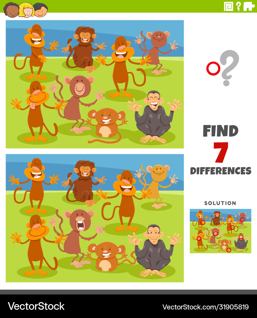 Differences educational task with cartoon monkeys Vector Image