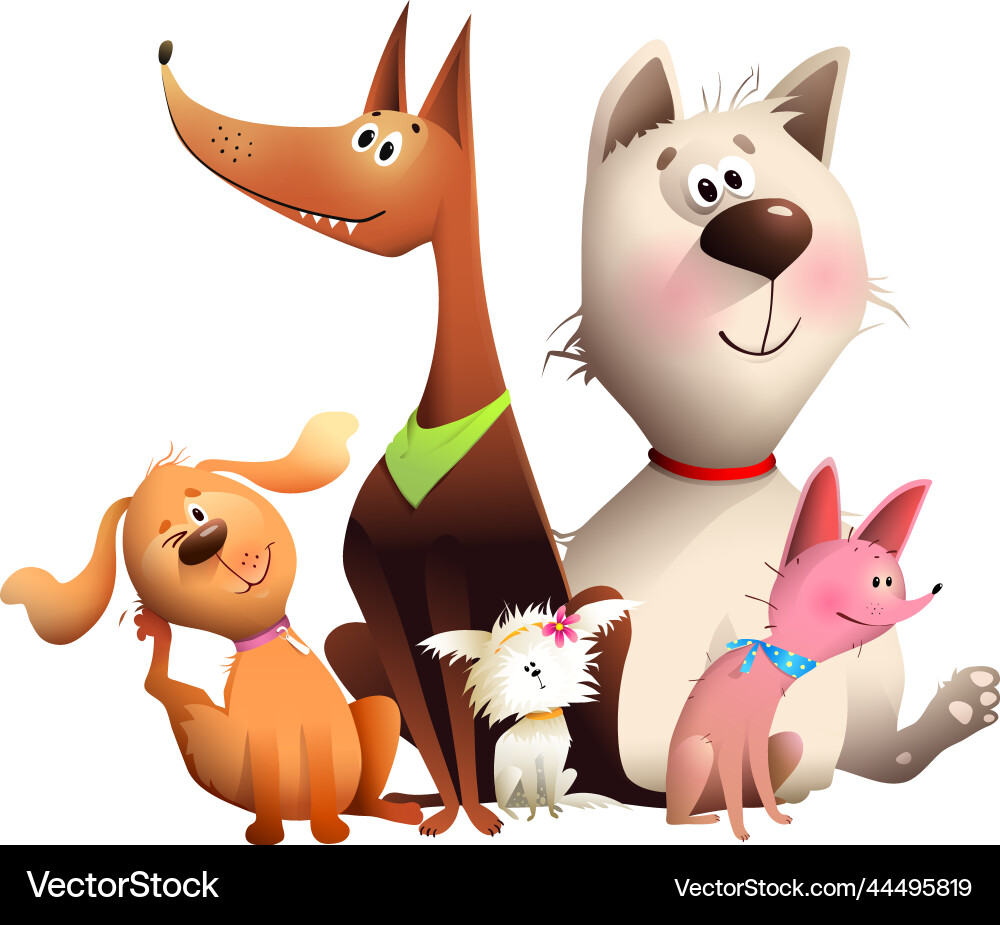 Funny dogs group sitting together pet shop clipart