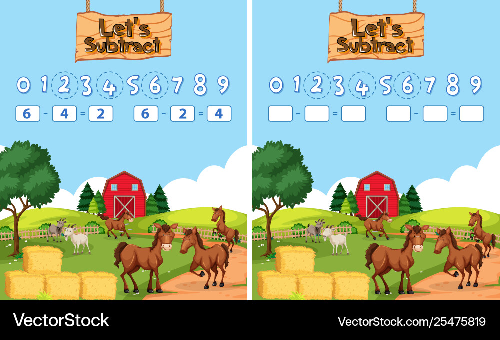 Math subtraction worksheet farm theme Royalty Free Vector