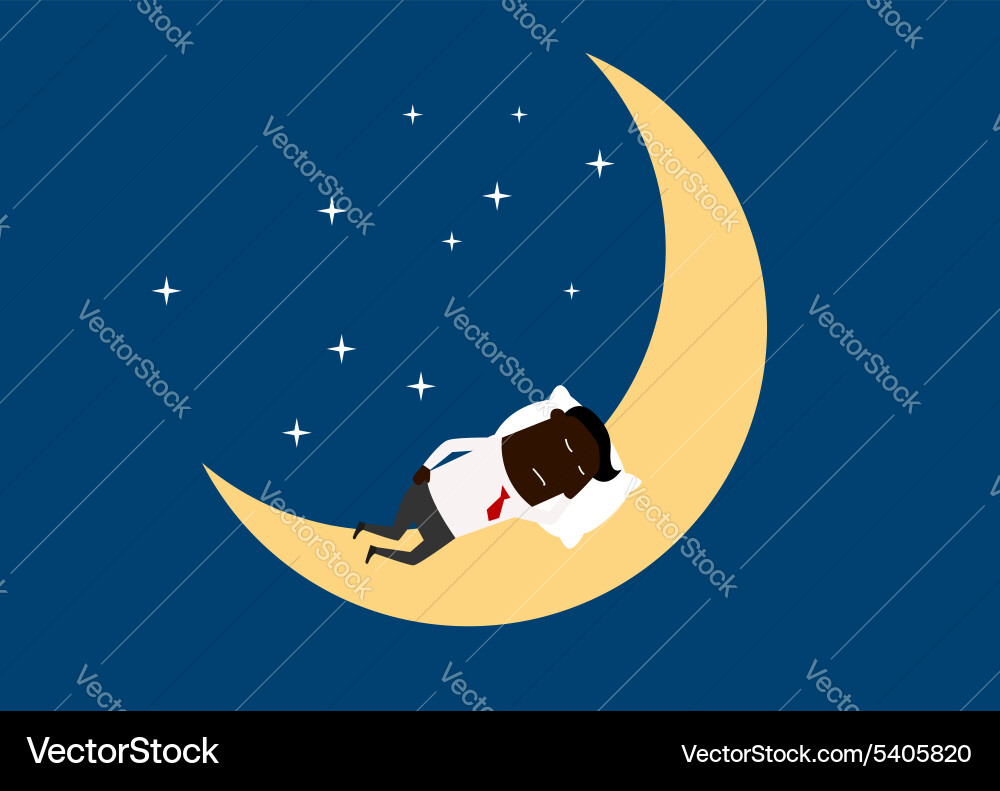 Black businessman sleeping on the moon Royalty Free Vector