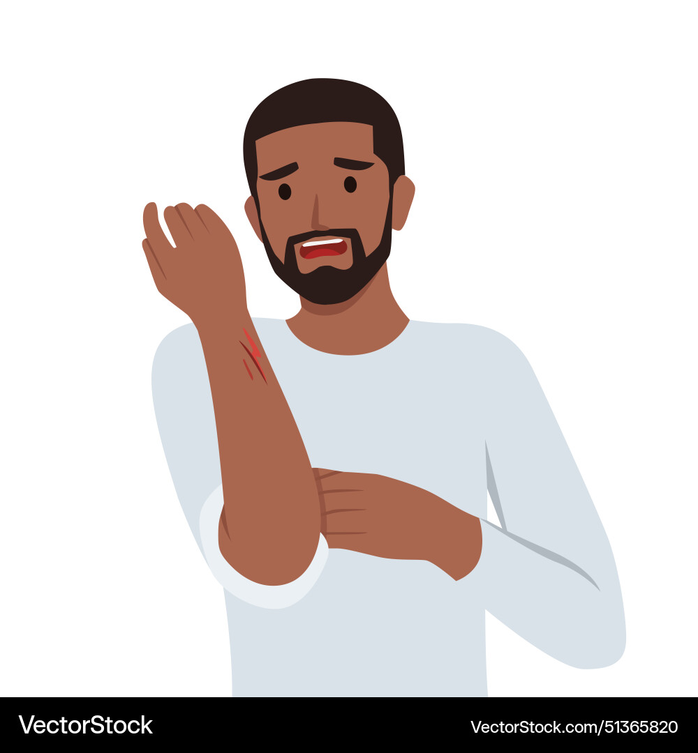 Man examines hand with deep cut or wound Vector Image