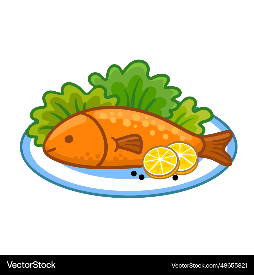 Delicious fried fish with herbs lemon on a white Vector Image