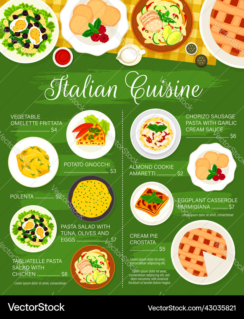 Italian cuisine restaurant menu page template Vector Image