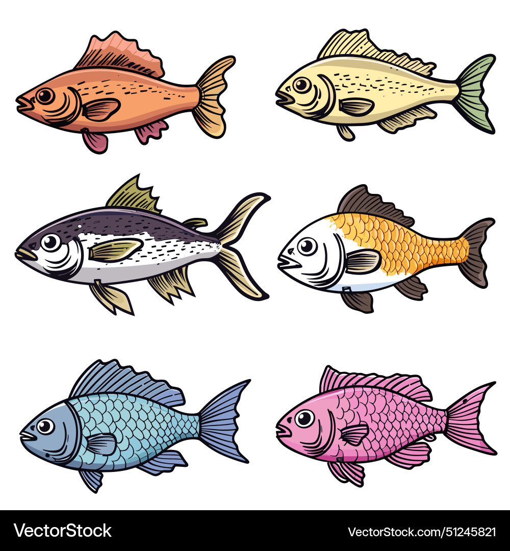 Six colorful fish isolated white Royalty Free Vector Image