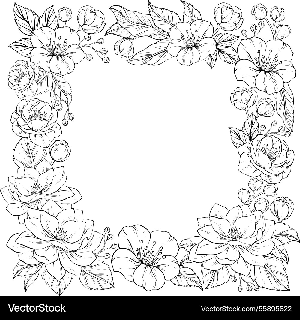 Line art square frame with decorative flowers Vector Image