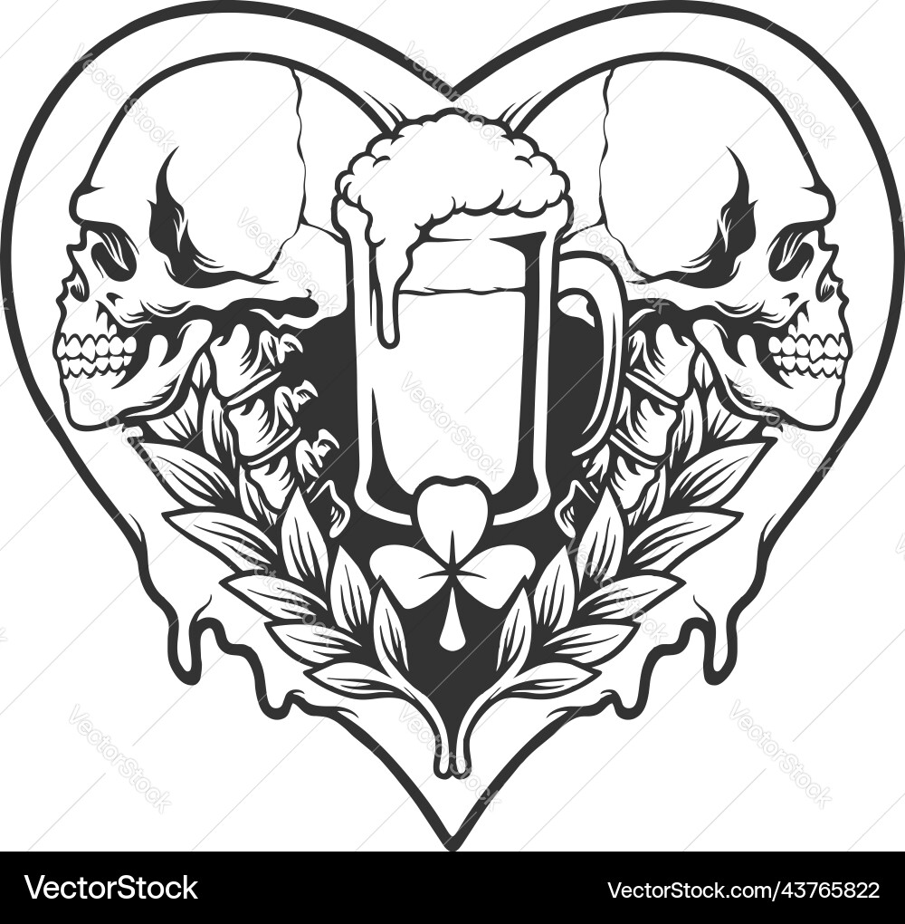 Skull heart beer with clover leaf silhouette Vector Image