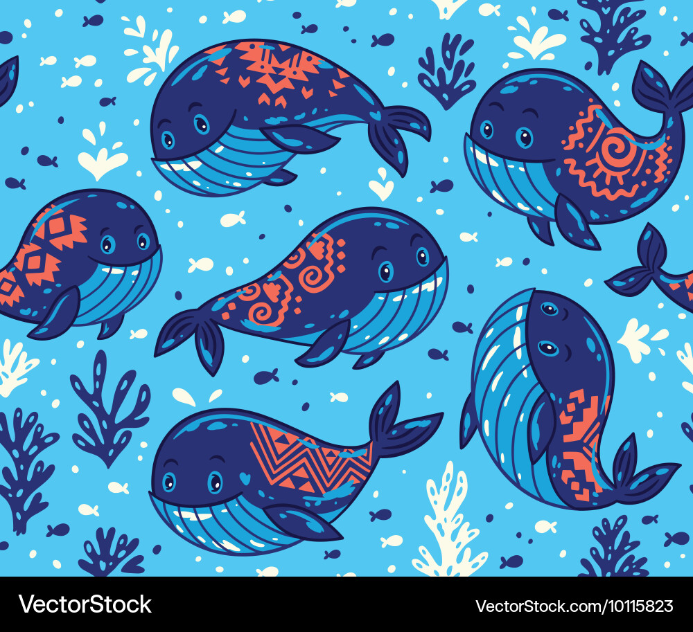 Seamless whale pattern with tribal ornament Vector Image